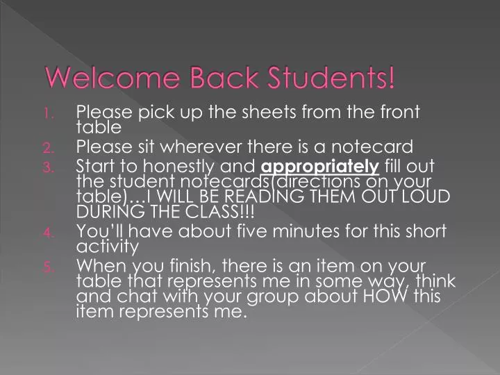 PPT - Welcome Back Students! PowerPoint Presentation, free download ...