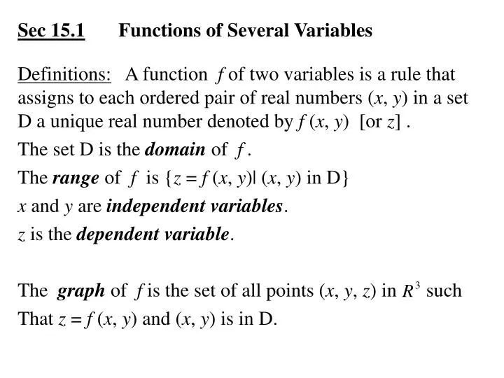 Ppt Sec 15 1 Functions Of Several Variables Powerpoint Presentation