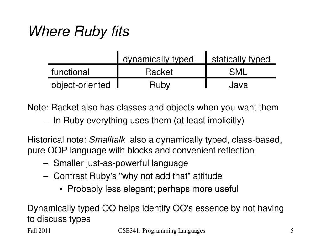 Ppt Cse341 Programming Languages Lecture 19 Introduction To Ruby Dynamic Oop Duck Typing