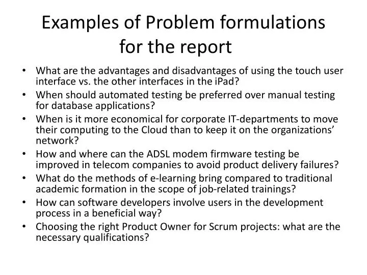 PPT - Examples of Problem formulations for the report PowerPoint ...