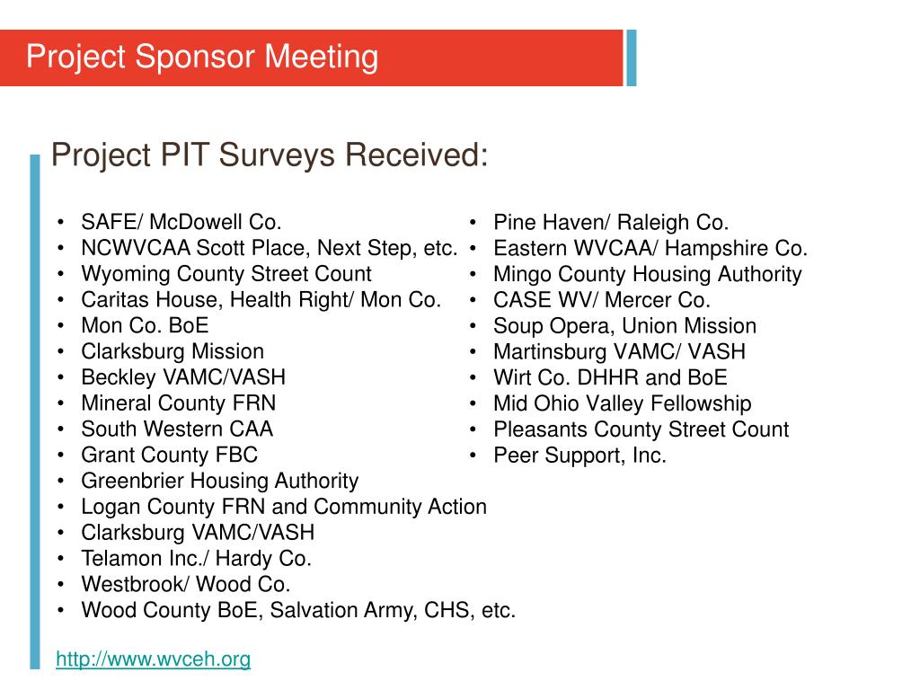 PPT - WVCEH/BoS CoC Project Sponsor Meeting – 2/23/12 1:30 pm ...