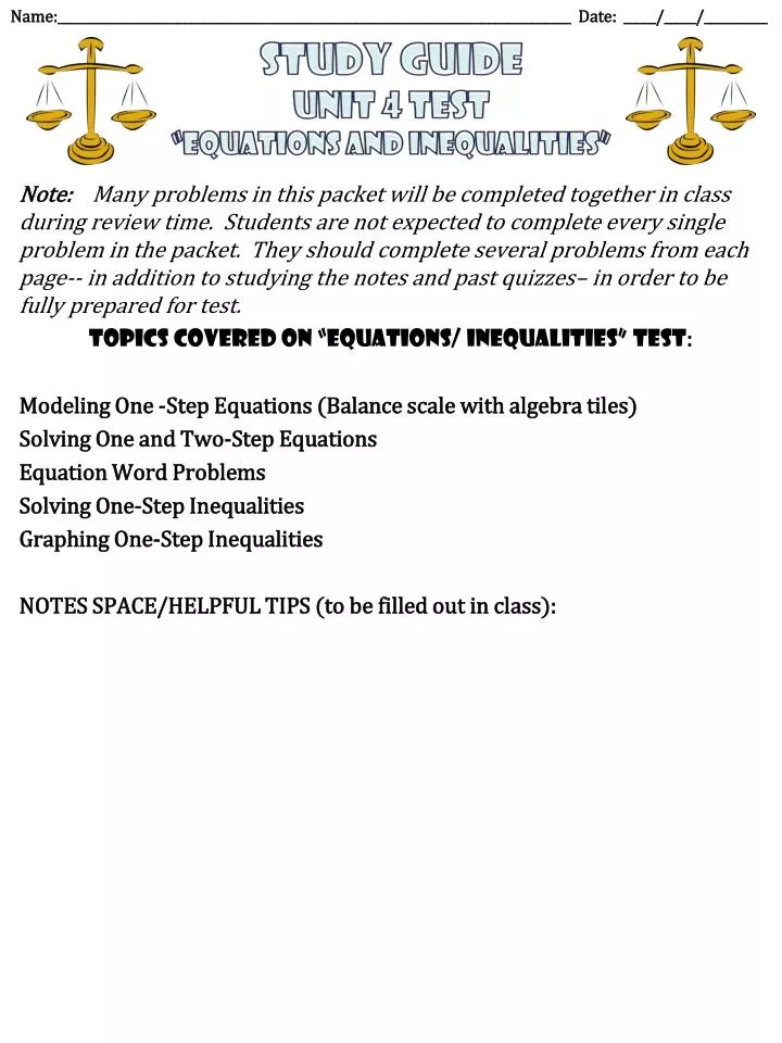 PPT - Study Guide Unit 4 Test “equations and inequalities ” PowerPoint ...