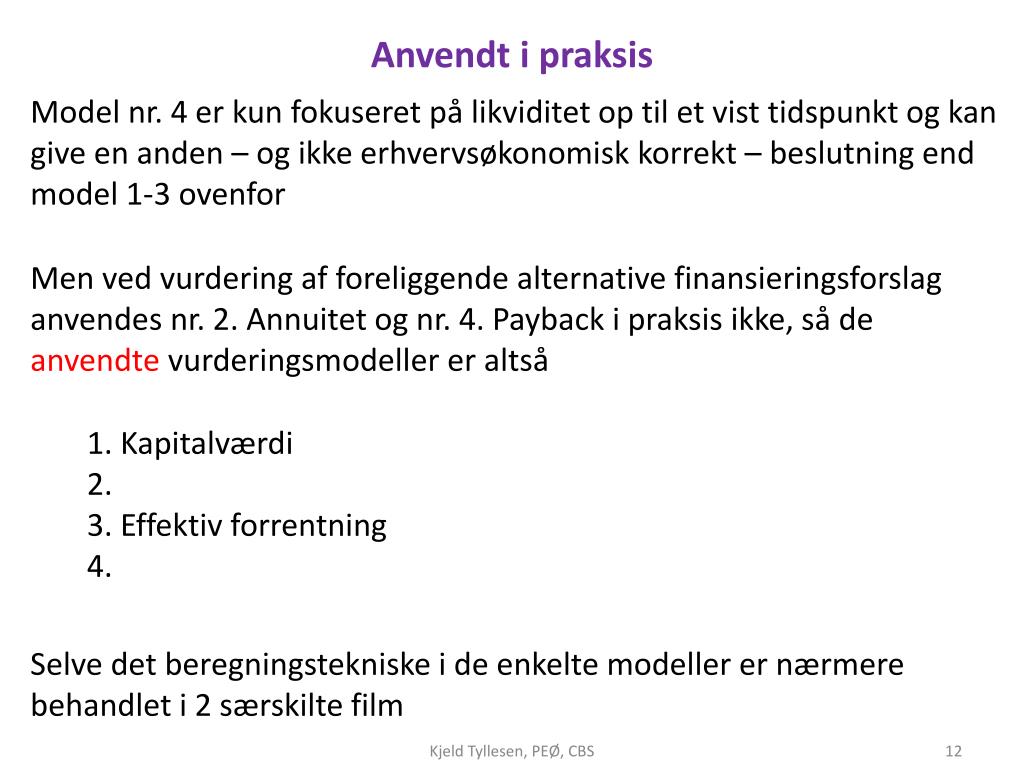 PPT - Valg af finansiering Fælles + Kapitalværdimetoden PowerPoint ...