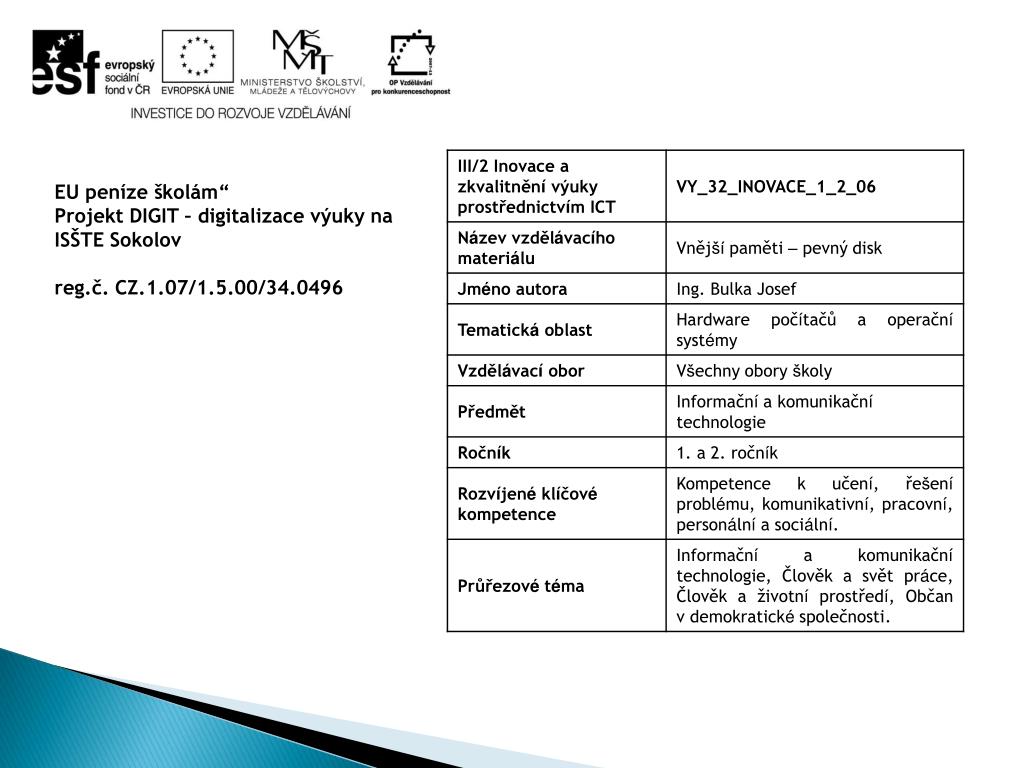 PPT - EU peníze školám“ Projekt DIGIT – digitalizace výuky na ISŠTE ...