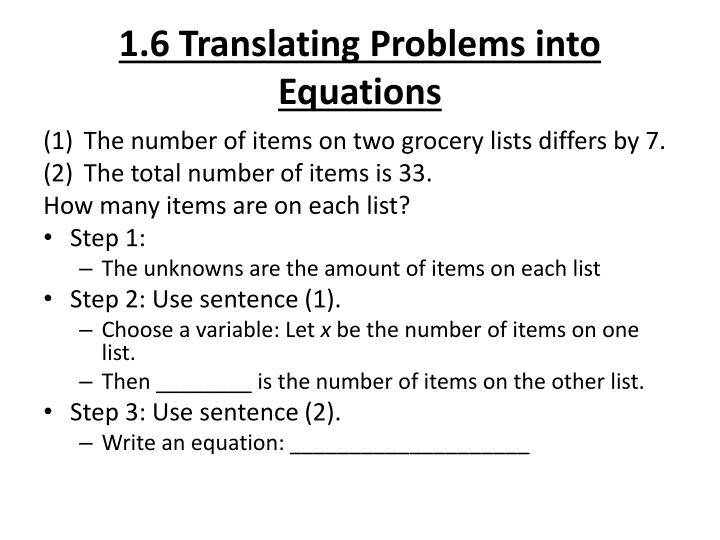 PPT - 1.6 Translating Problems into Equations PowerPoint Presentation ...