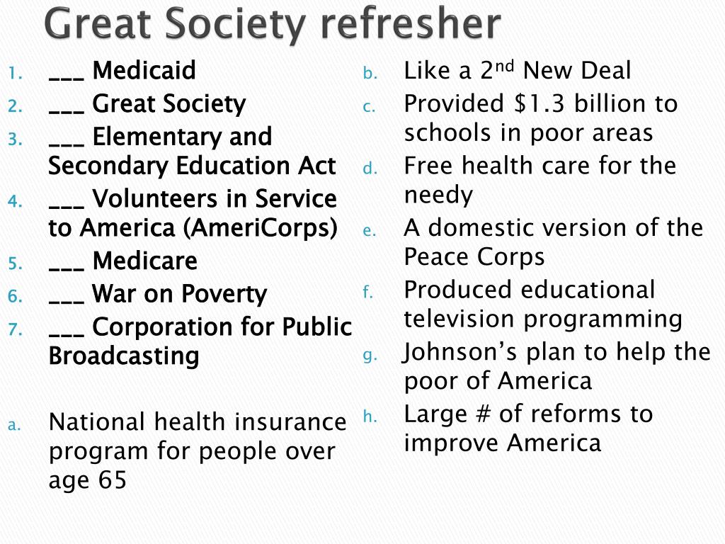 PPT - ___ Medicaid ___ Great Society ___ Elementary and Secondary ...
