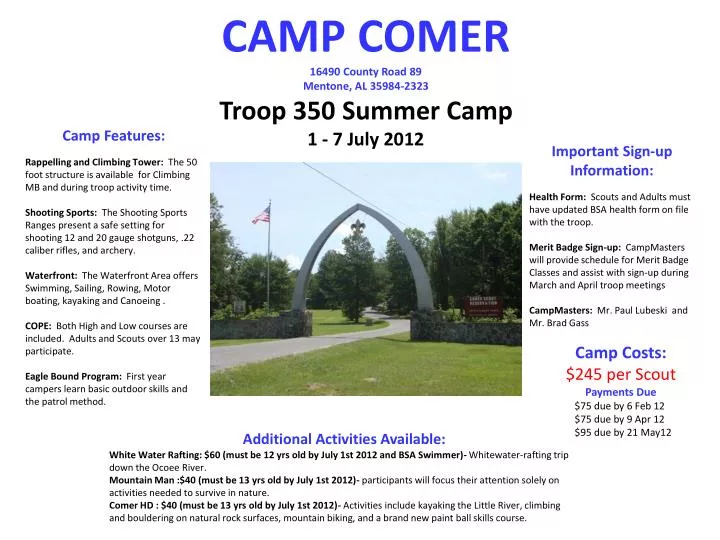PPT - CAMP COMER 16490 County Road 89 Mentone, AL 35984-2323 Troop 350 ...