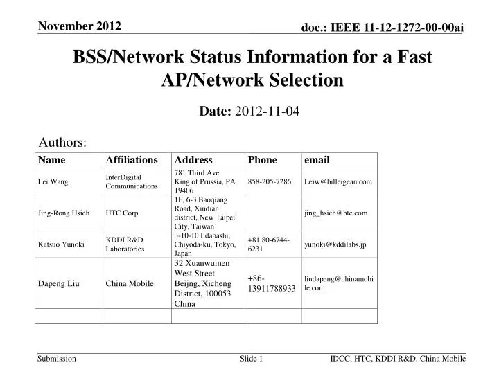 PPT - BSS/Network Status Information for a Fast AP/Network Selection ...