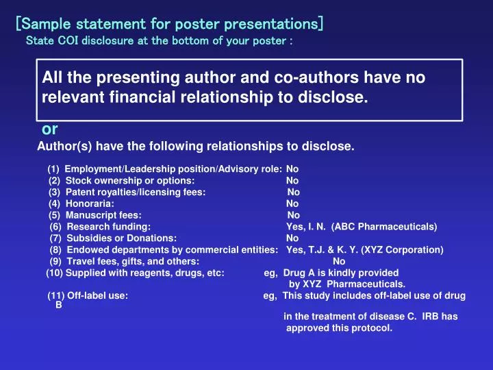 PPT - [Sample statement for poster presentations] State COI disclosure ...