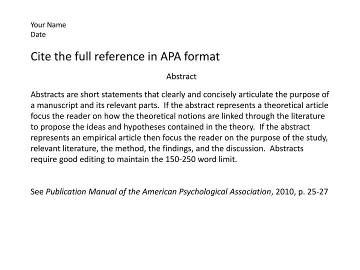 PPT - Kin 266, Graduate Motor Learning Writing Abstracts APA Style ...