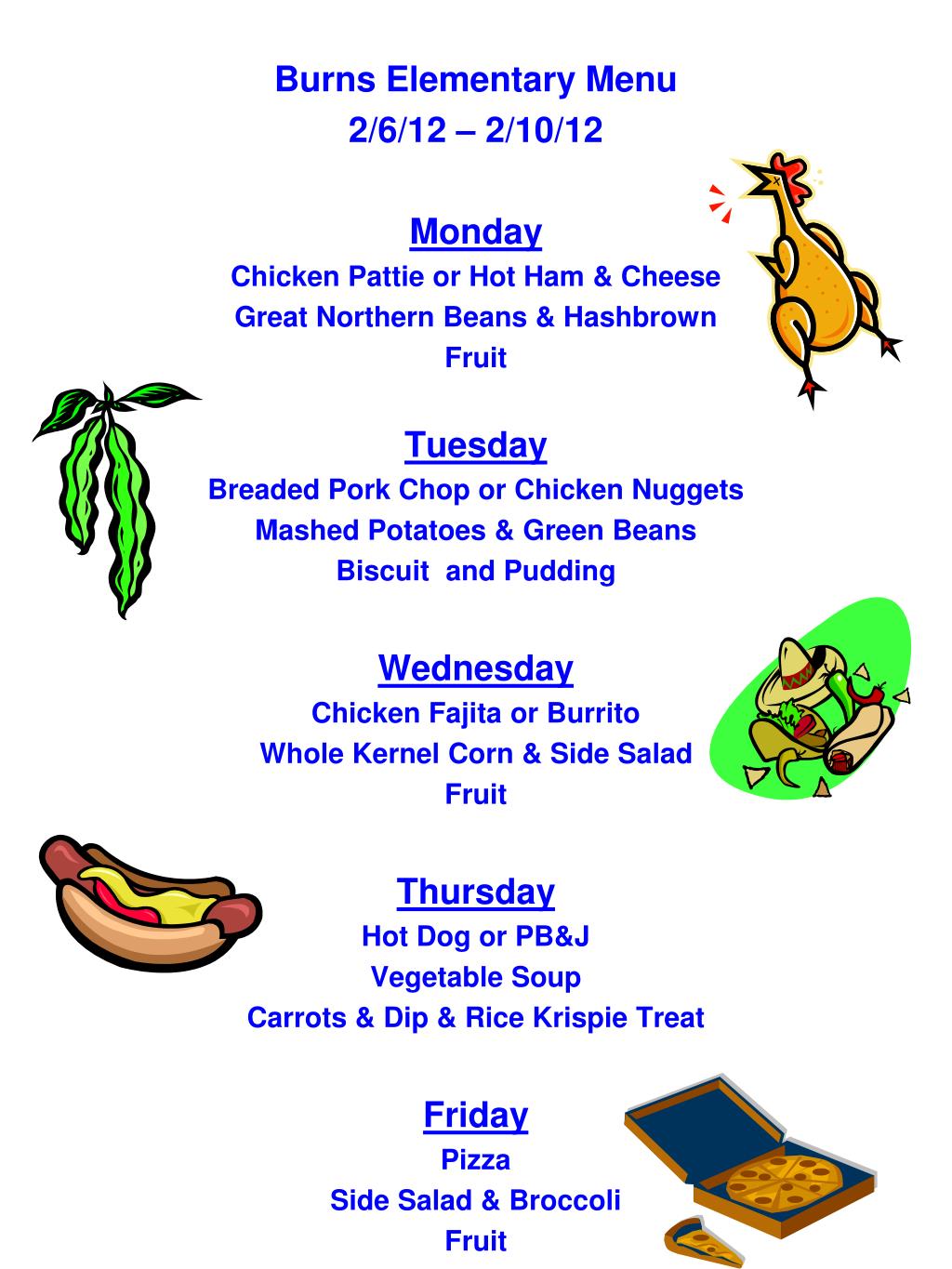 PPT - Burns Elementary Menu 2/6/12 – 2/10/12 Monday Chicken Pattie or ...