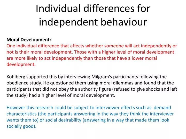PPT - Individual differences for independent behaviour PowerPoint ...