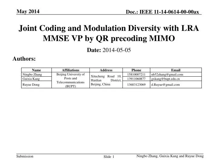 PPT - Joint Coding and Modulation Diversity with LRA MMSE VP by QR precoding MIMO PowerPoint ...