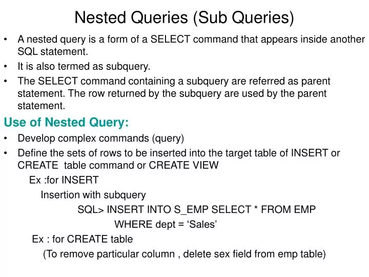 PPT - Nested Queries (Sub Queries) PowerPoint Presentation, free ... PPT - Nested Queries (Sub Queries) PowerPoint Presentation, free ...