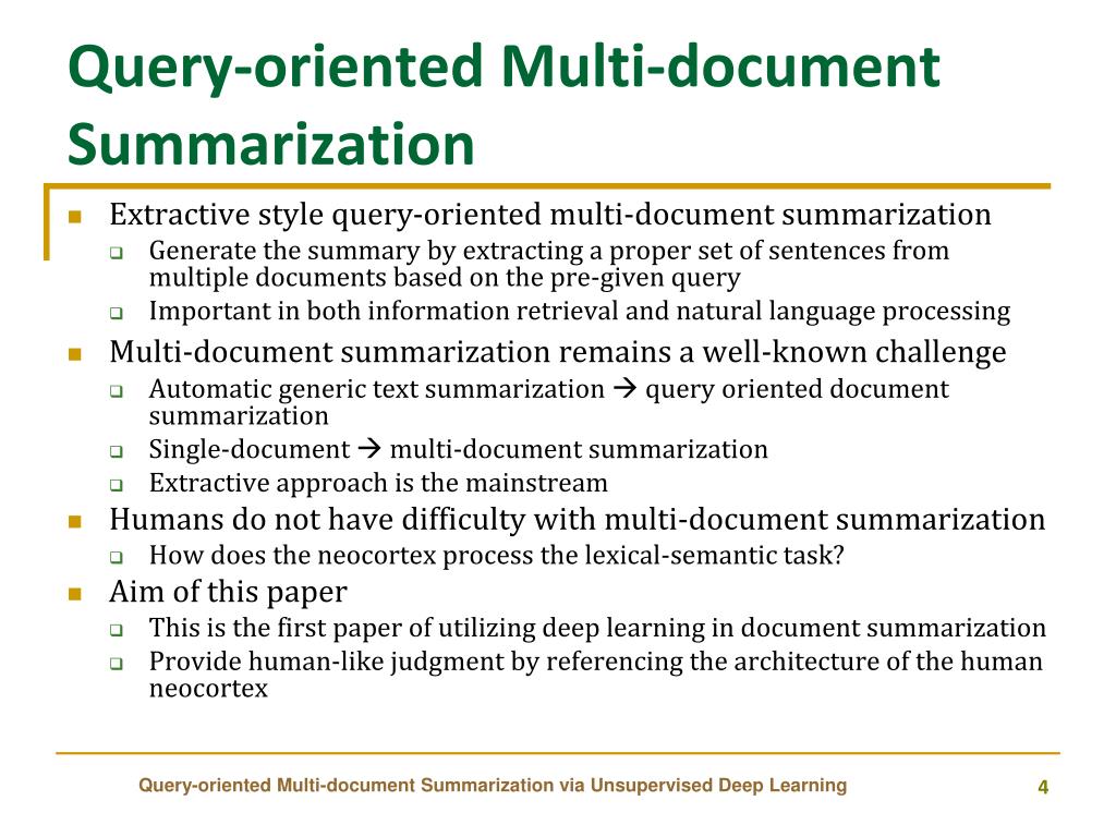 Ppt Query Oriented Multi Document Summarization Via Unsupervised Deep Learning Powerpoint
