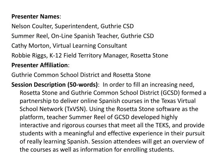 PPT - Presenter Names : Nelson Coulter, Superintendent, Guthrie CSD ...