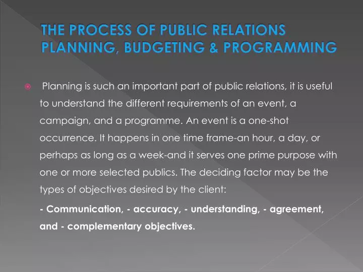 PPT - THE PROCESS OF PUBLIC RELATIONS PLANNING, BUDGETING & PROGRAMMING ...
