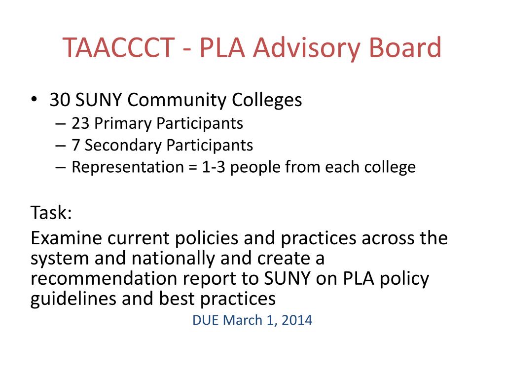 PPT - SUNY TAACCCT Grant PLA Advisory Board Agenda 1-16-14 PowerPoint ...