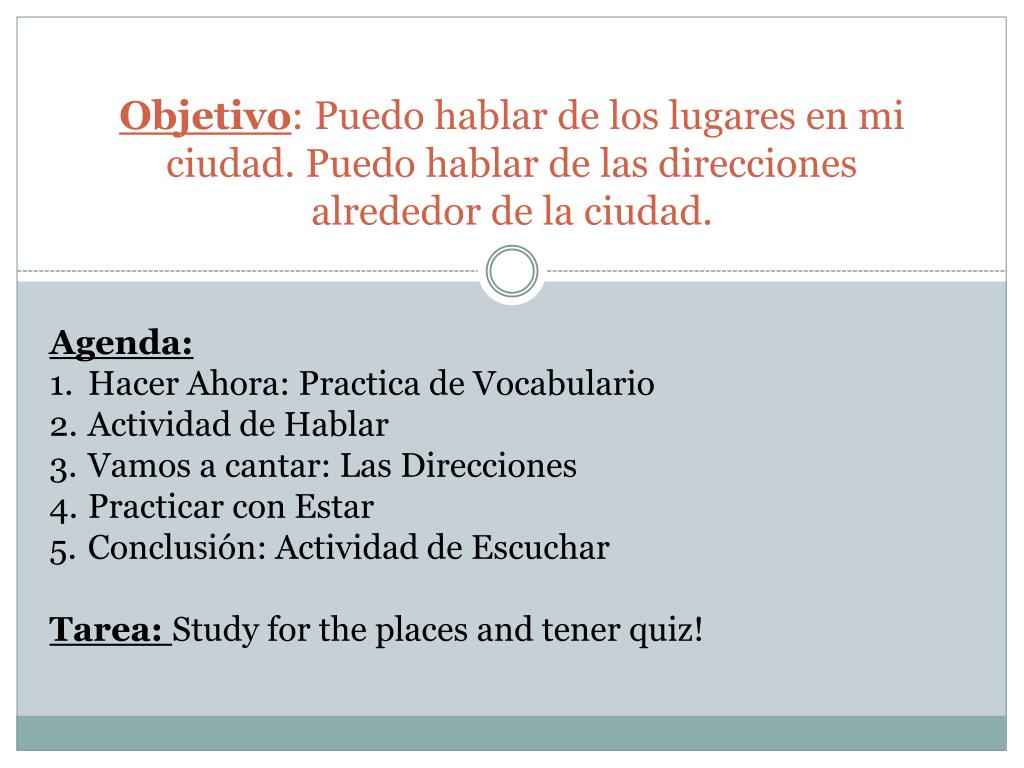 PPT - Agenda: Hacer Ahora : Practica de Vocabulario Actividad de Hablar ...