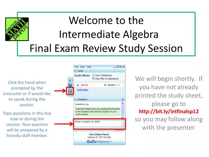 PPT - Welcome to the Intermediate Algebra Final Exam Review Study ...