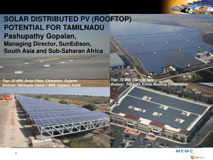 PPT - Top: 25 MW, Solar Park, Charanka , Gujarat Bottom: Narmada Canal ...