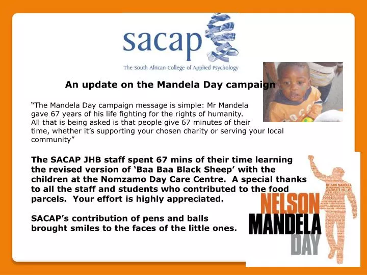 PPT - An update on the Mandela Day campaign “The Mandela Day campaign ...