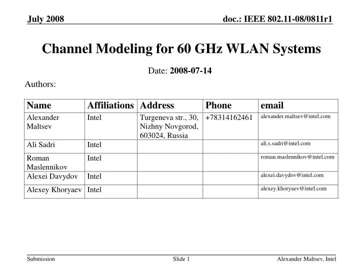 PPT - Channel Modeling for 60 GHz WLAN Systems PowerPoint Presentation ...