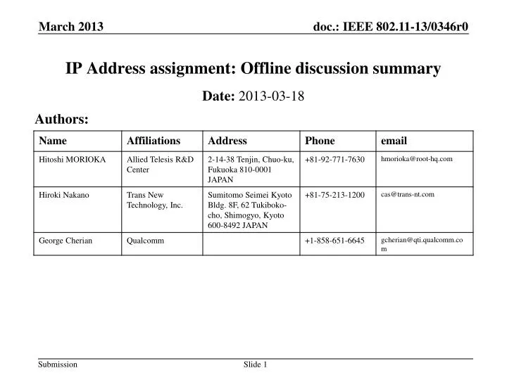 PPT - IP Address assignment: Offline discussion summary PowerPoint ...