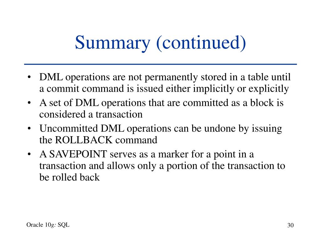 Ppt Chapter 5 Data Manipulation And Transaction Control Oracle 10 G