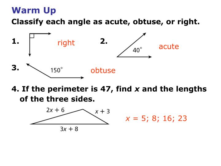 PPT - Warm Up Classify each angle as acute, obtuse, or right. 1. 2. 3 ...