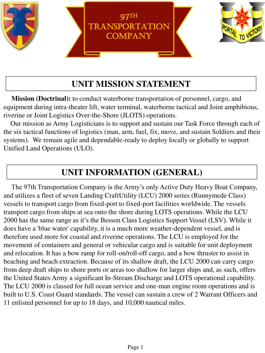 PPT - 97 th TRANSPORTATION COMPANY PowerPoint Presentation, free ...