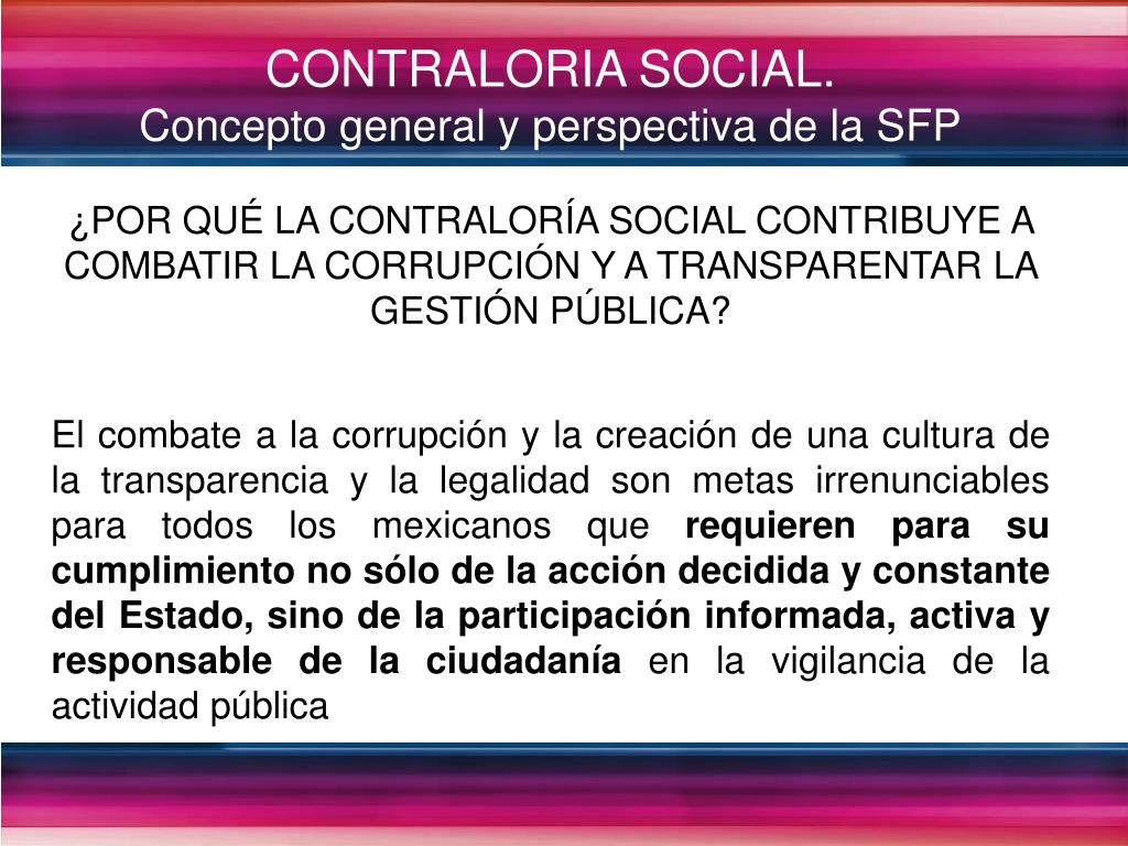 PPT - CONTRALORIA SOCIAL. Concepto general y perspectiva de la SFP ...