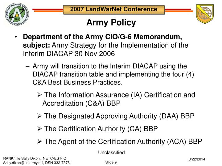 PPT - DIACAP Army Guidance and Transition Ms. Sally Dixon Army Office ...