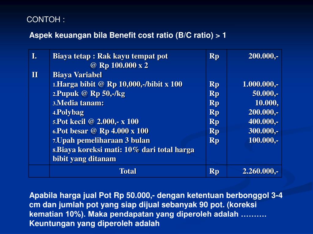 PPT - Aspek keuangan bila Benefit cost ratio (B/C ratio) > 1 PowerPoint ...