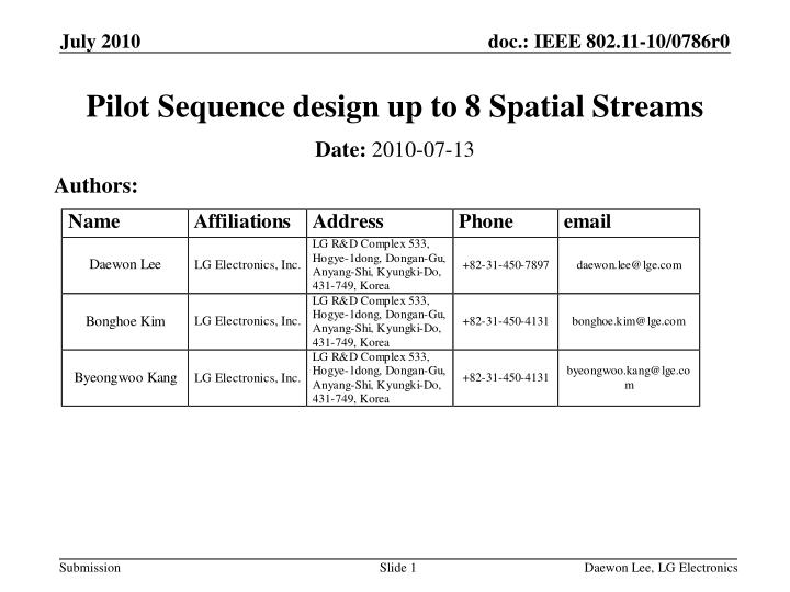 PPT - Pilot Sequence design up to 8 Spatial Streams PowerPoint ...