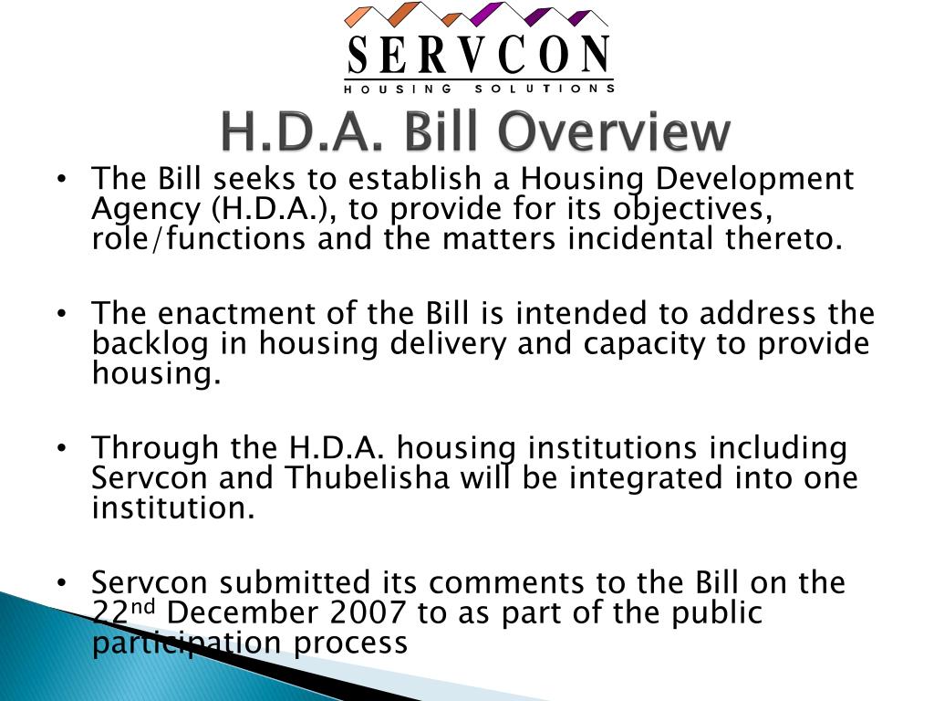 PPT - Commentary to the Housing Development Agency (HDA) Bill ...